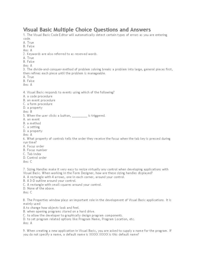 Visual Basic Mcqs Pdf Parameter Computer Programming C