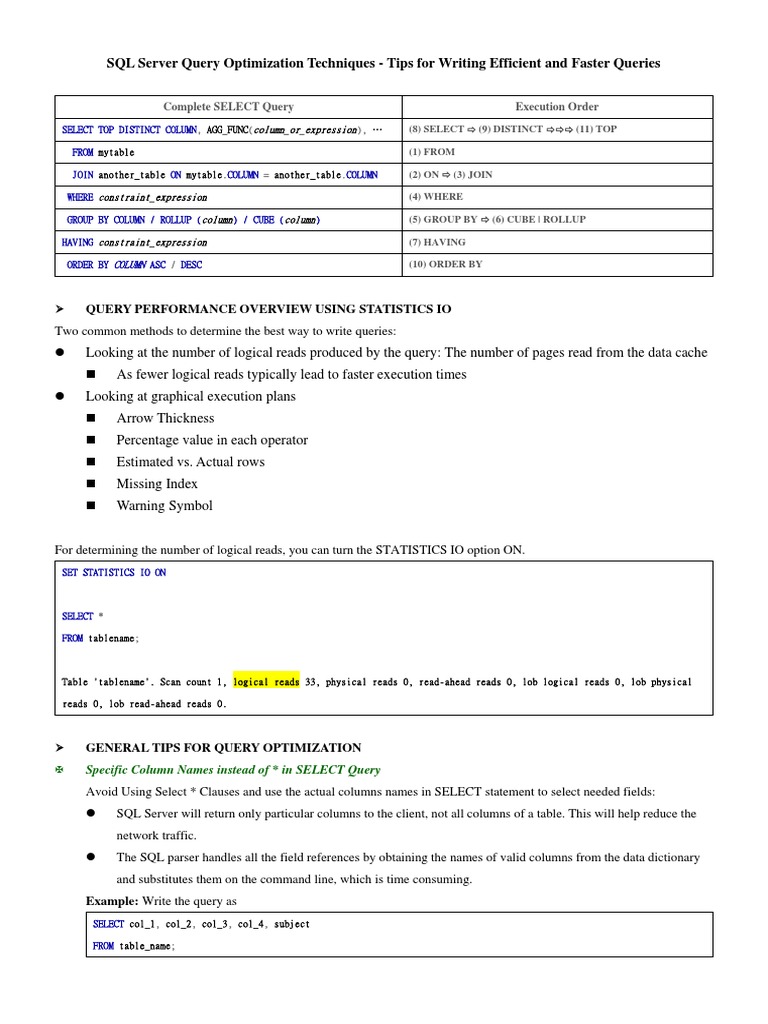 SQL Server Query Optimization Techniques PDF | PDF | Database Index | Microsoft Sql Server
