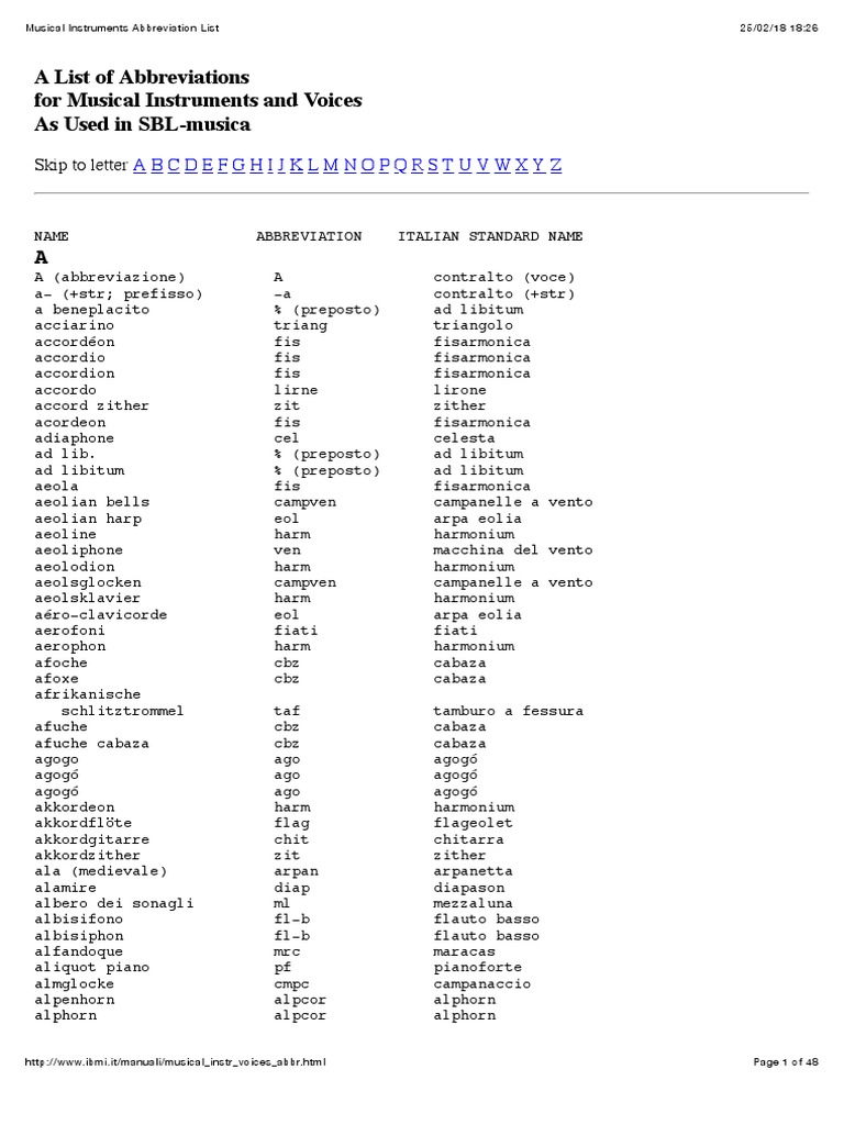 Musical Instruments Abbreviation List | PDF