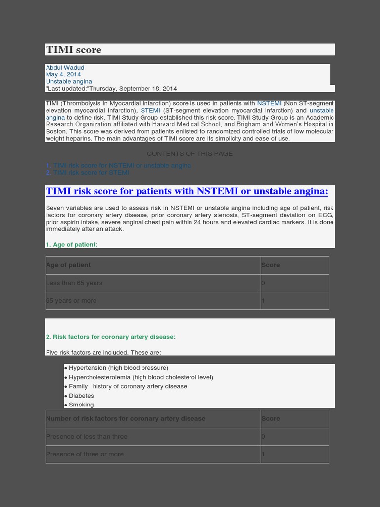 TIMI Score for NSTEMI, STEMI and Unstable Angina | Myocardial ...