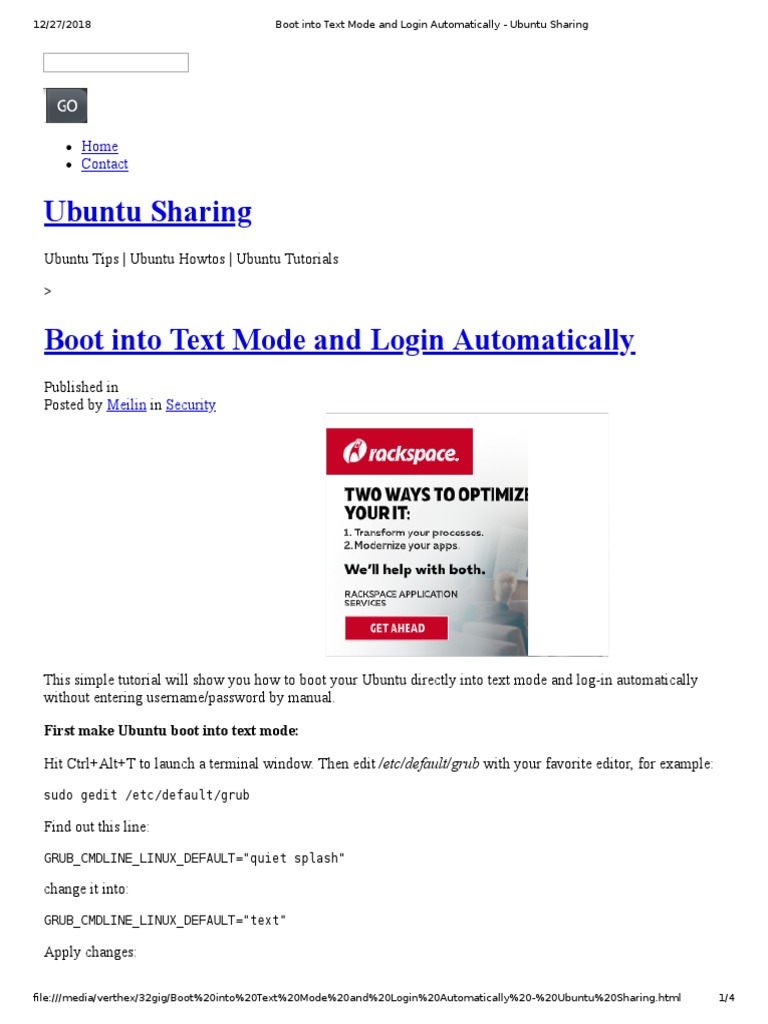Boot Into Text Mode and Login Automatically - Ubuntu Sharing | PDF | Sudo | Booting