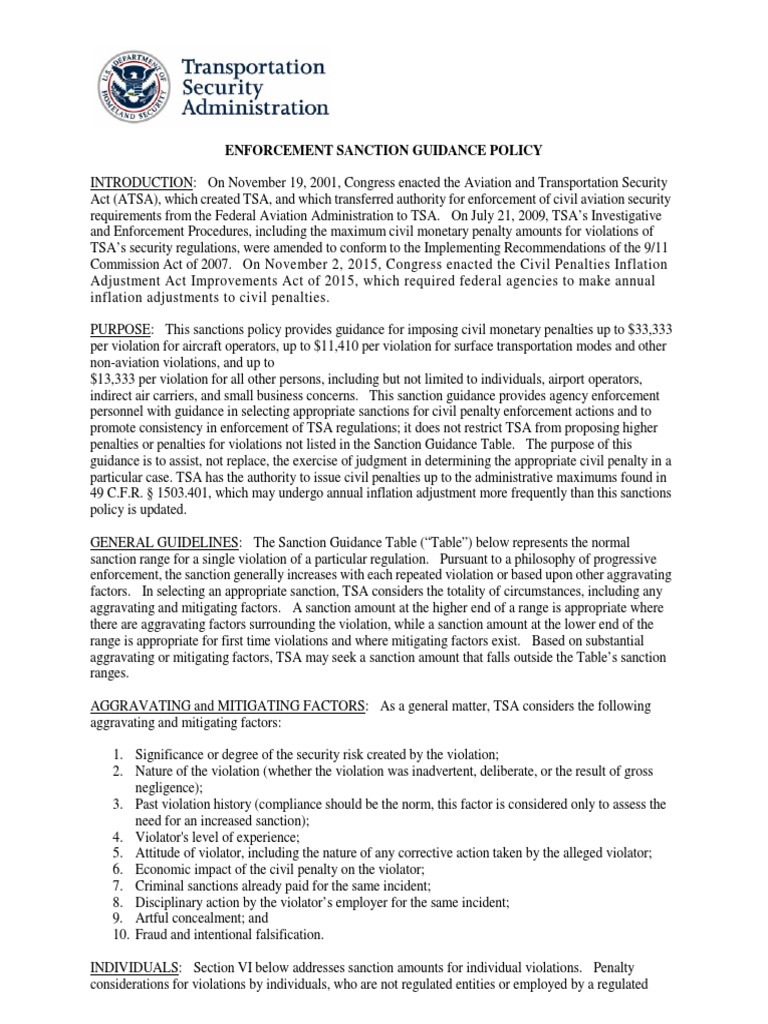 TSA Enforcement Sanction Guidance Policy | PDF | Transportation ...