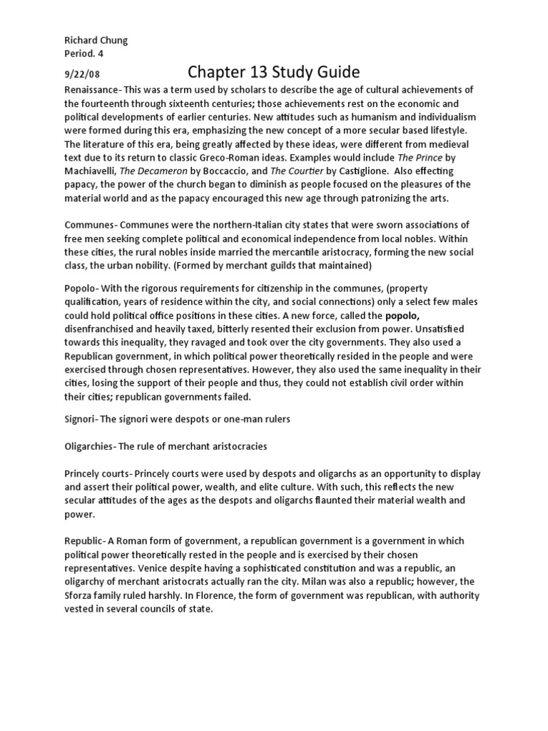 Chapter 13 Study Guide | PDF | Humanism | Republic