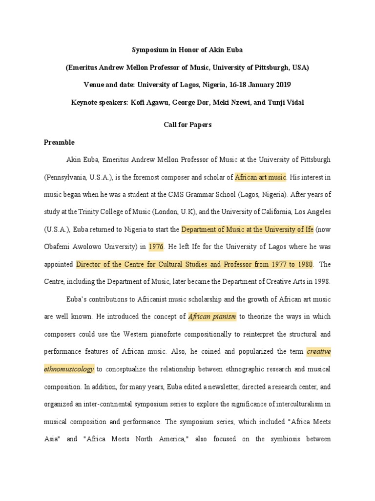 Akin Euba Symposium Announcement and Call For Papers | PDF | Academia ...