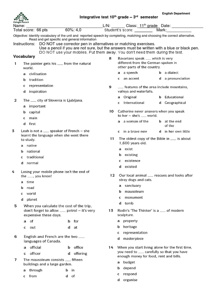 Integrating English Skills: A Comprehensive Assessment of 10th Grade ...