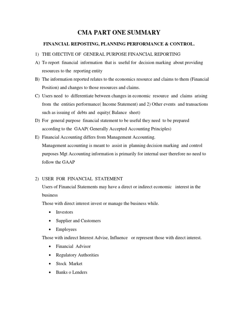 Cma Part One Summary | PDF