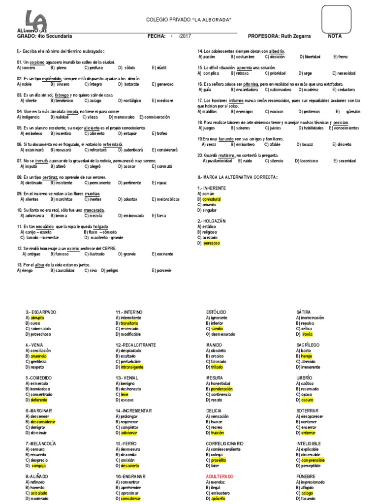 4to Sec. Sinónimos I | PDF | Naturaleza