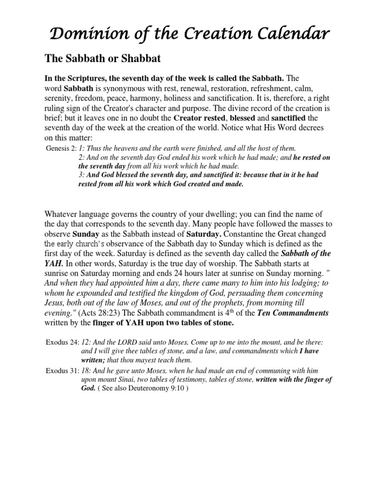 Dominion of The Creation Calendar: The Sabbath or Shabbat | PDF | Ten ...