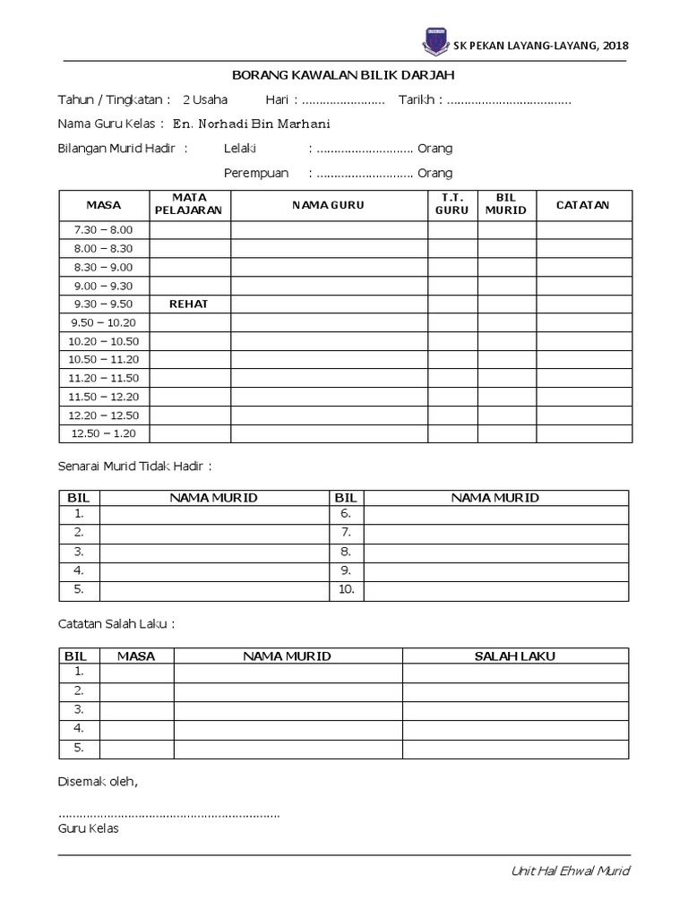 Borang Kawalan Bilik Darjah Tahap 1 | PDF