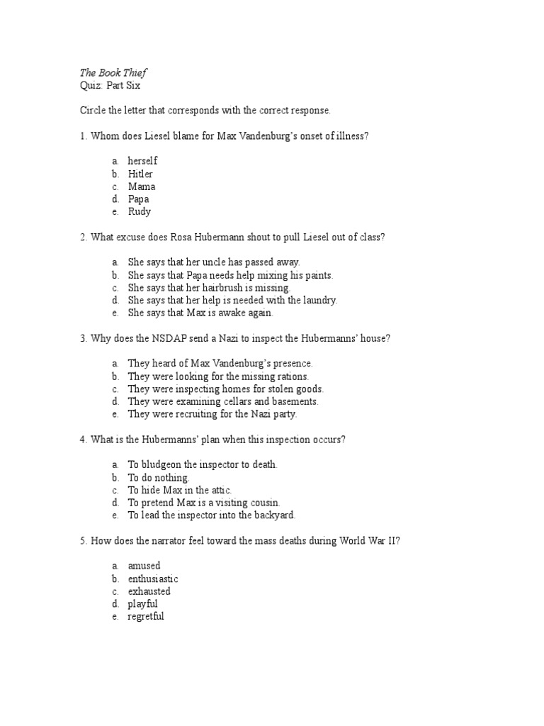 The Book Thief Quiz: Parts 6-9 | PDF | Violence