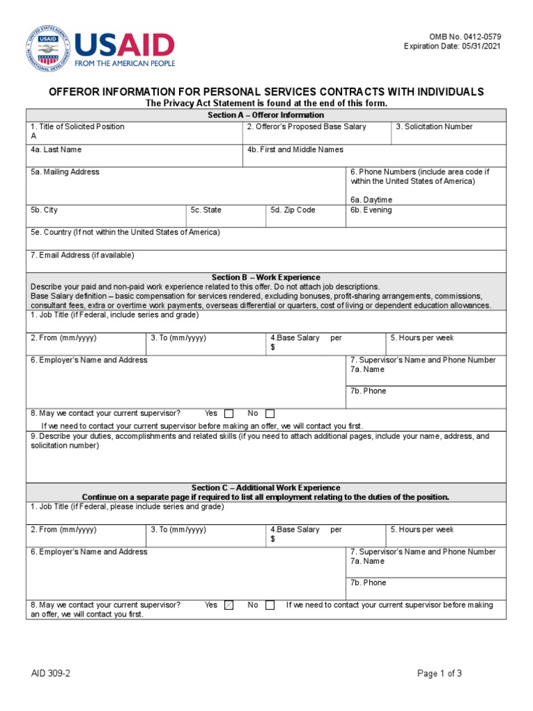 USAID Personal Services Contract Form 309-2 | PDF | Academic Degree ...