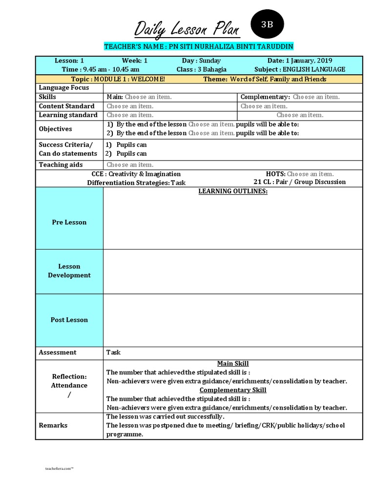 Daily Lesson Plan: Teacher'S Name: PN Siti Nurhaliza Binti Taruddin | PDF