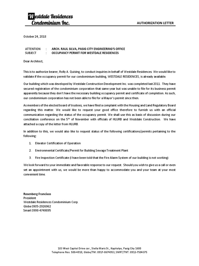 Authorization Letter - City Engineering's Office | PDF