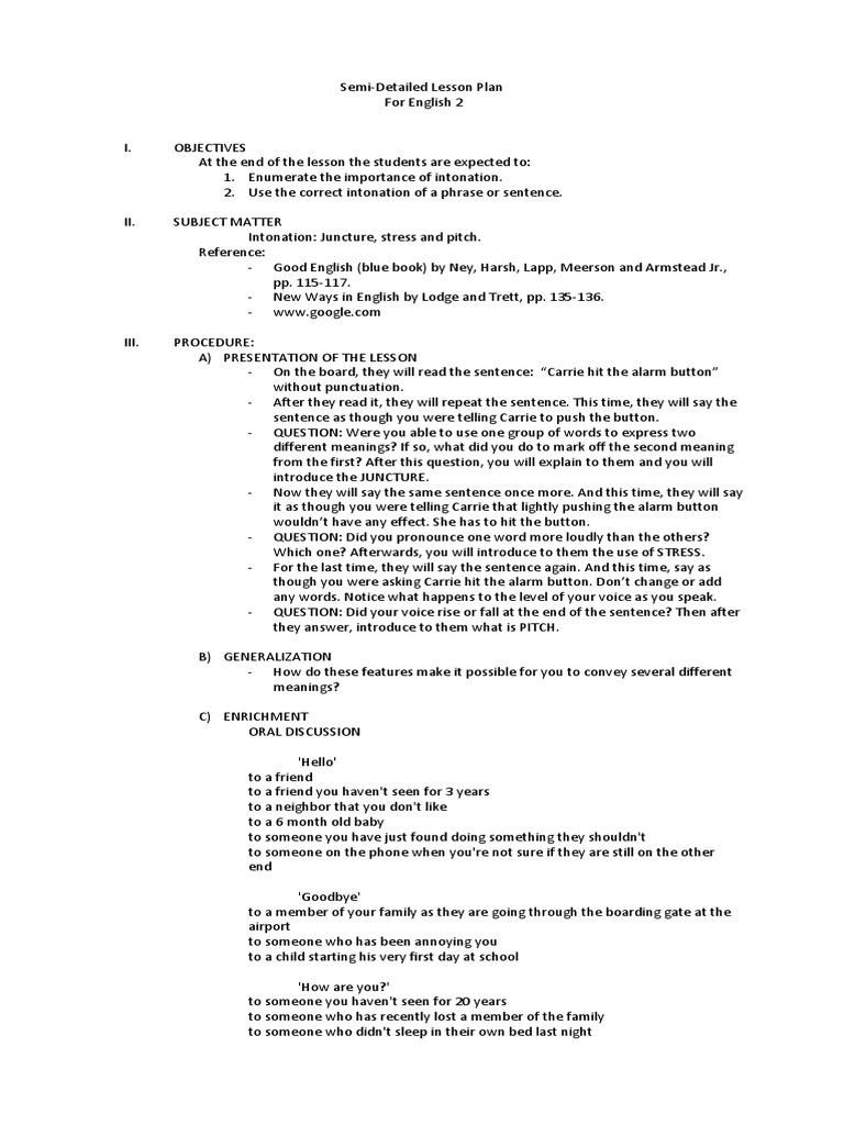 Lesson Plan For Intonation | PDF | Question | Sentence (Linguistics)