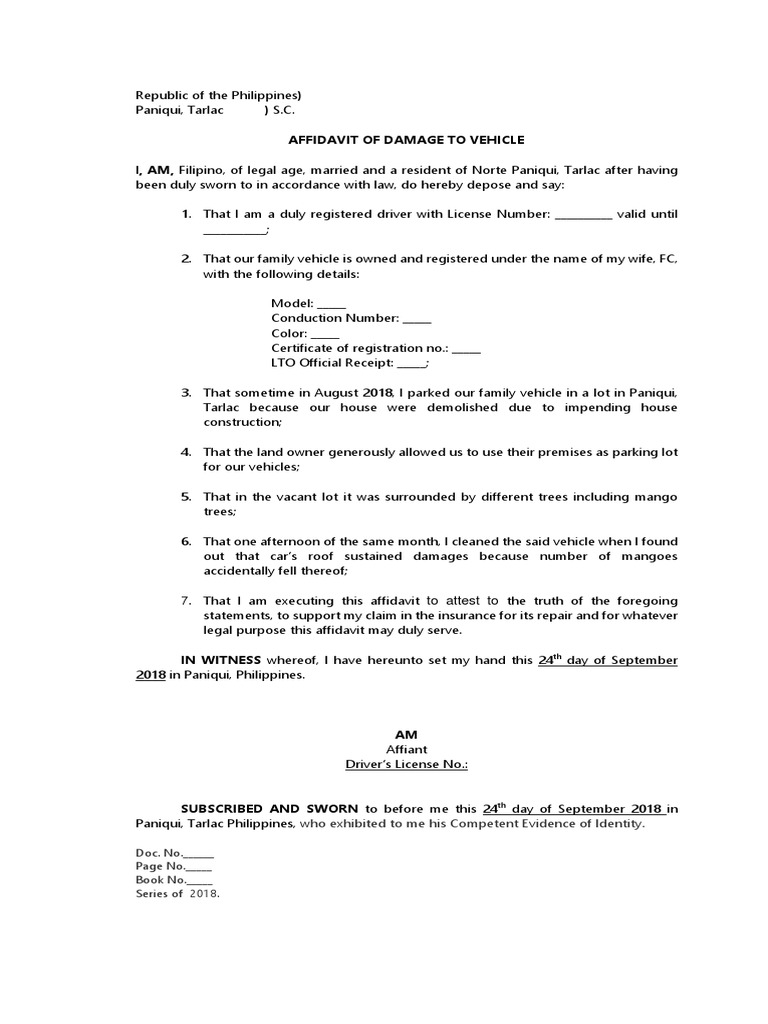 Affidavit of Damage To Vehicle | PDF