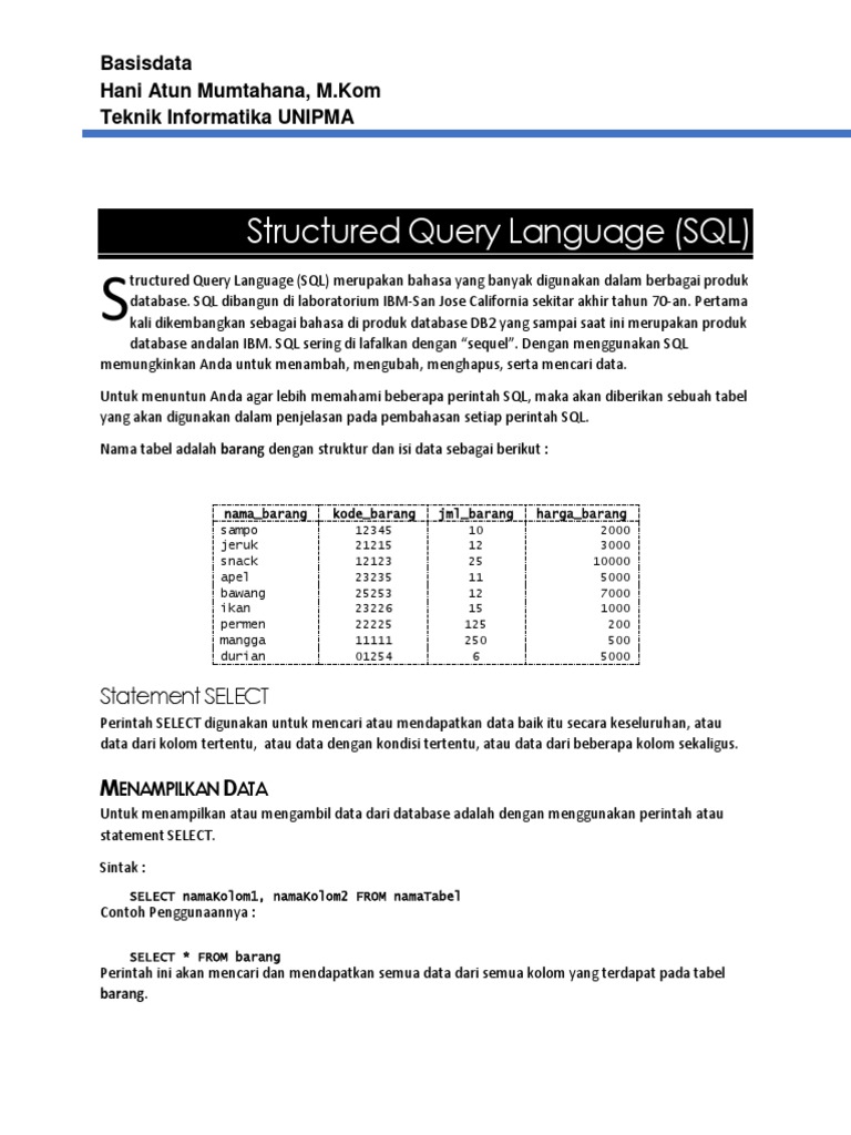 SQL Basis DAta (Contoh Dan SOAL) | PDF