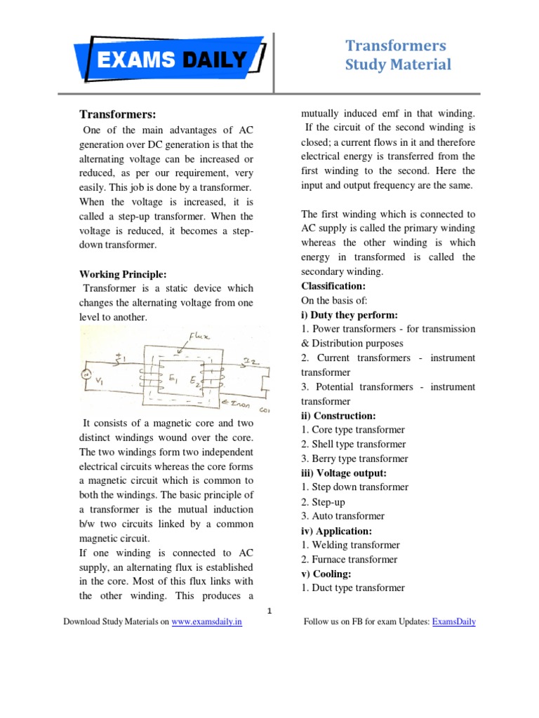 Transformers Study Material PDF | PDF | Transformer | Alternating Current