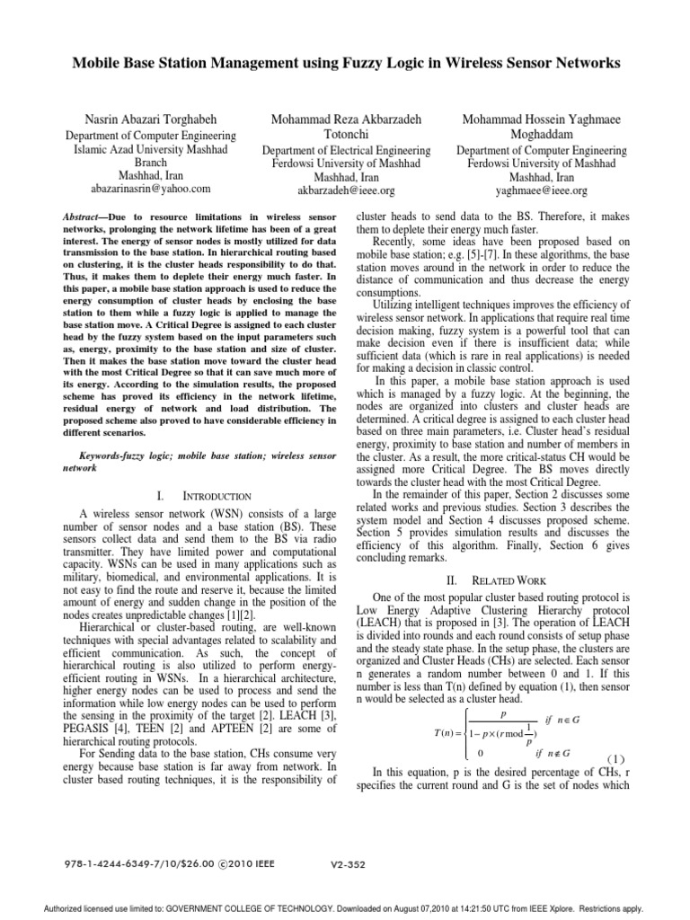Mobile Base Station Management Using Fuzzy Logic in Wireless Sensor ...