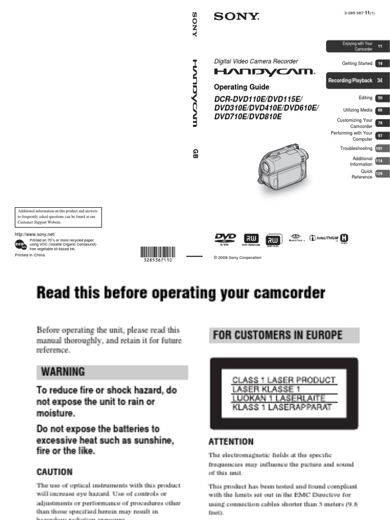 Sony DCR-DVD610 Camcorder Manual | PDF | Dvd | Ac Power Plugs And Sockets