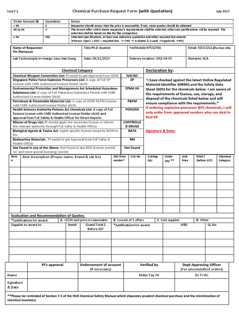 Chemical Purchase Request Form (With Quotation) : Declaration by | PDF ...