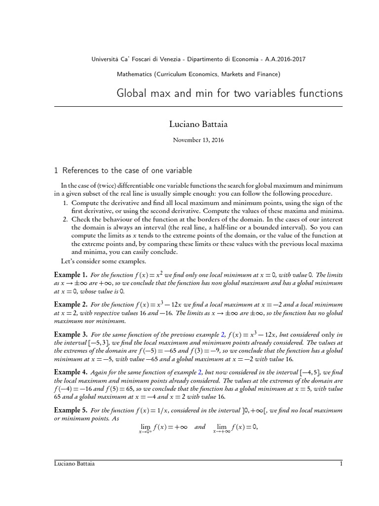 Global Max and Min For Two Variables Functions: 1 References To The ...