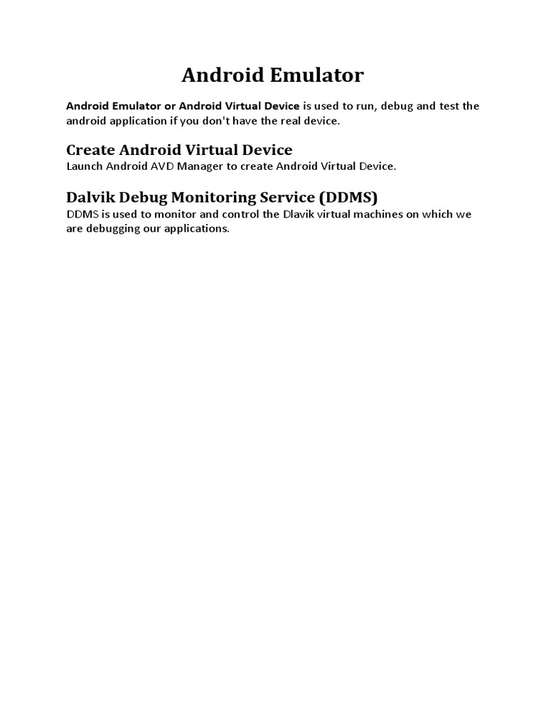 Android Emulator: Create Android Virtual Device Dalvik Debug Monitoring Service (DDMS) | PDF ...