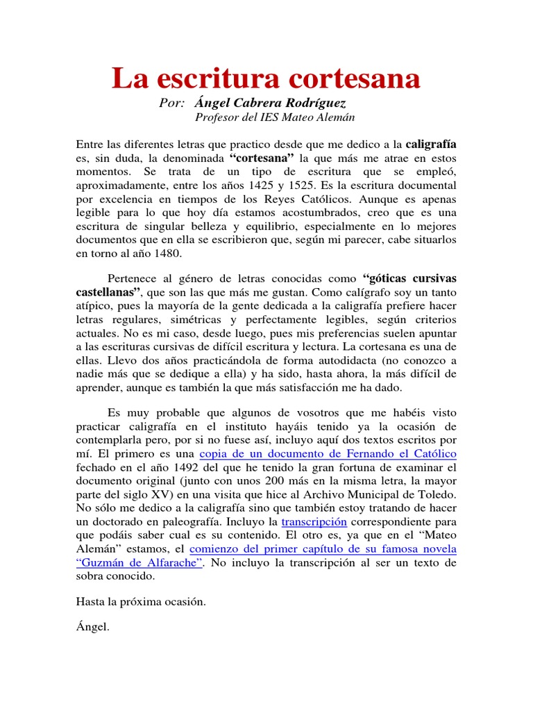La escritura cortesana: Por: Ángel Cabrera Rodríguez