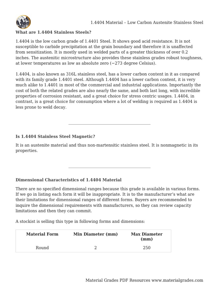 1.4404 Material & Low Carbon Austenite Stainless Steel | PDF ...