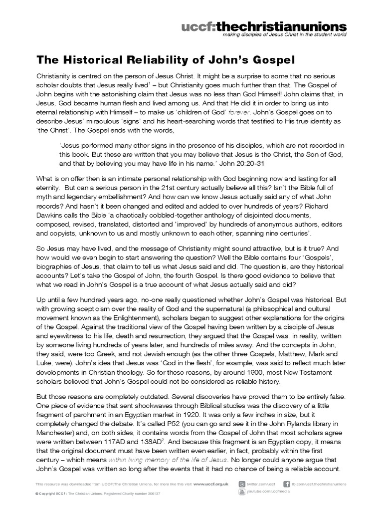 The Historical Reliability of Johns Gospel | PDF | Gospel Of John ...