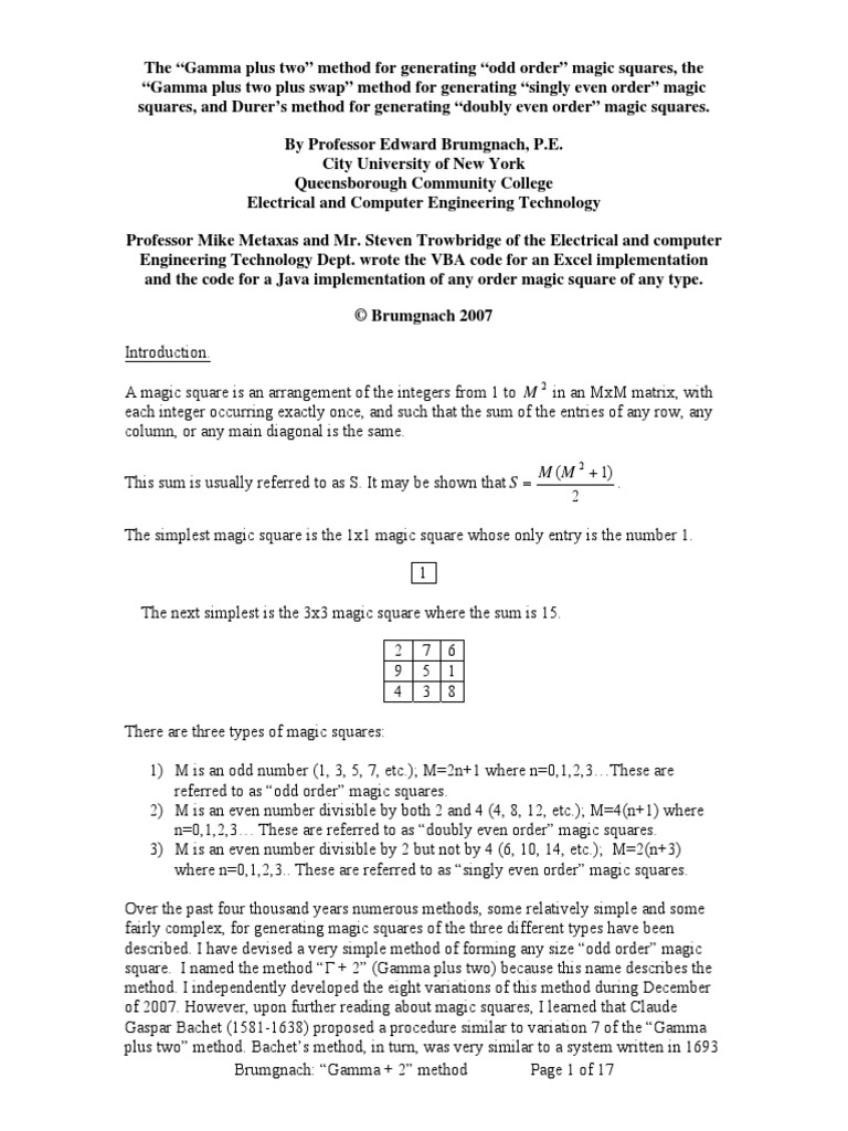 Gamma Plus Two Method For Odd Magic Squares PDF | Download Free PDF | Mathematical Objects | Numbers