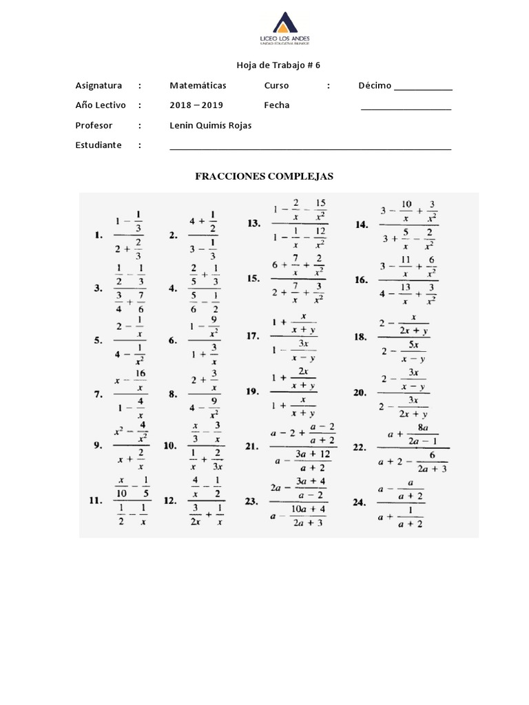 Hoja De Trabajo De Fracciones Complejas Con Respuestas Fracciones Y