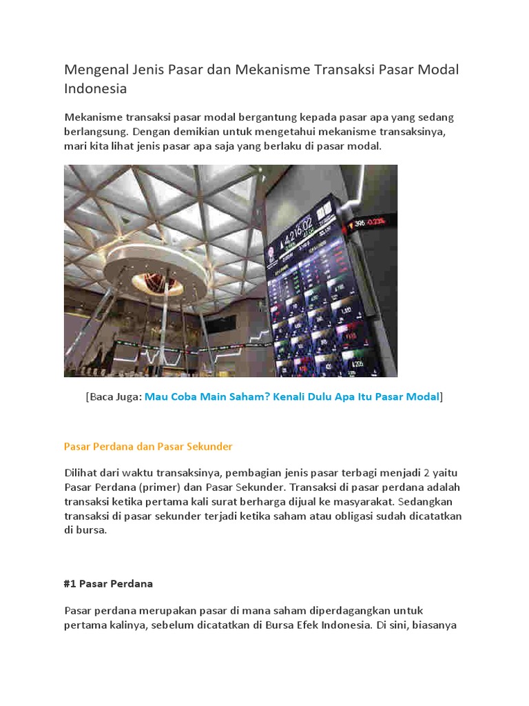 Mengenal Jenis Pasar Dan Mekanisme Transaksi Pasar Modal Indonesia | PDF