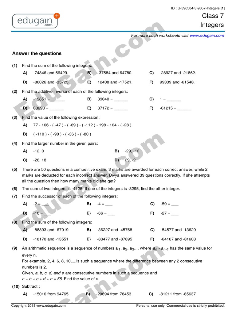 Class 7 Integers: Answer The Questions | PDF | Numbers | Integer