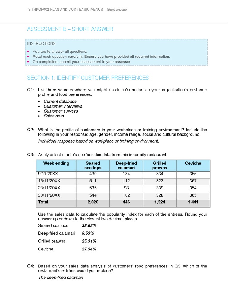 Menu Planning and Costing: An Analysis of Customer Preferences ...