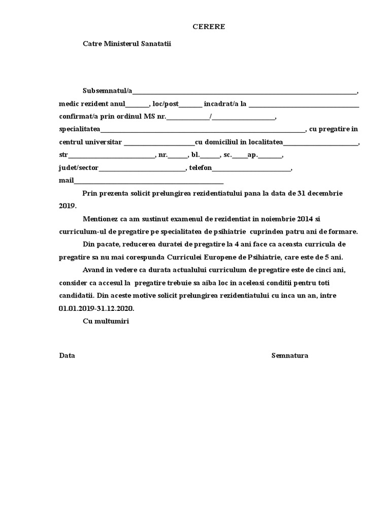 Model Cerere Prelungire Rezidentiat