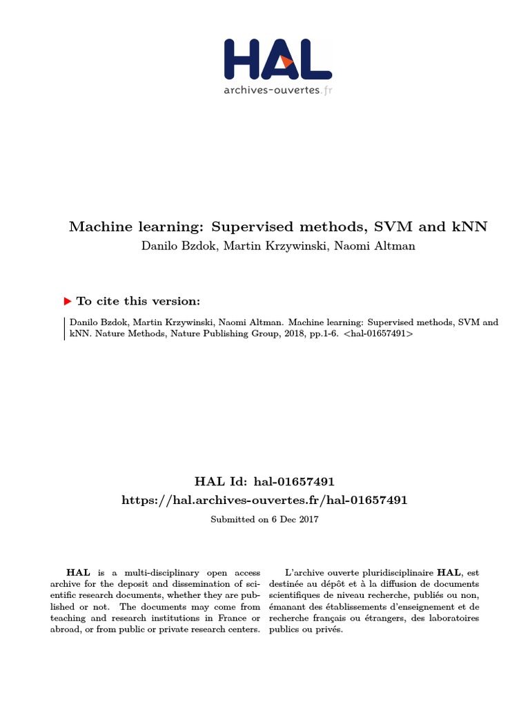 Machine Learning - Supervised Methods, SVM and KNN | PDF | Support Vector Machine | Statistical ...