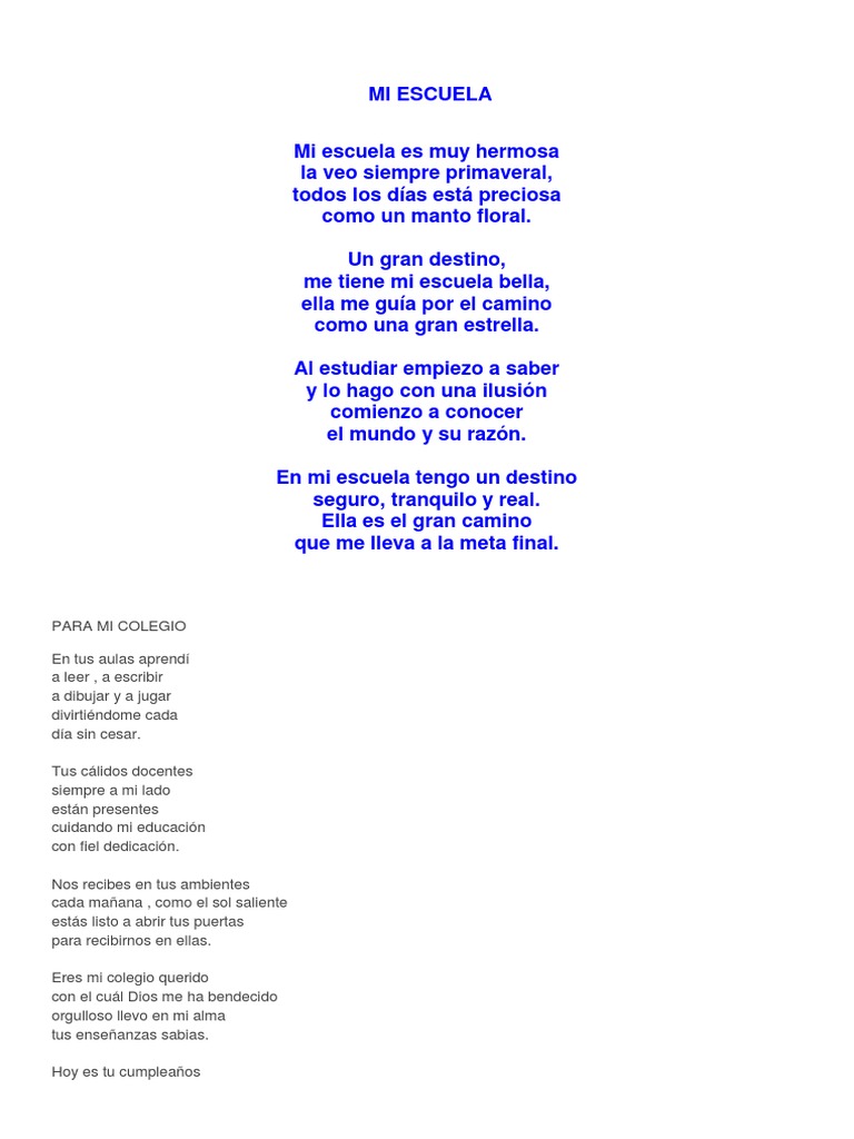 Poemas para mi escuela querida | PDF | Ocio