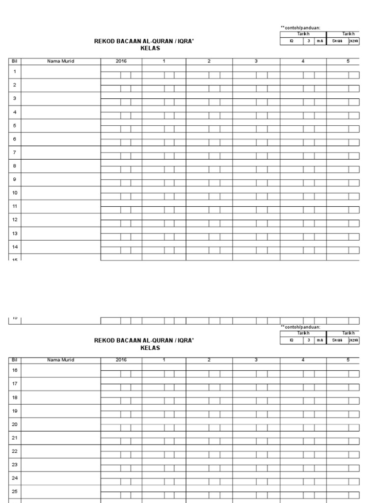 Rekod Bacaan Al-Quran / Iqra' Kelas: Contoh/panduan: Tarikh Tarikh | PDF