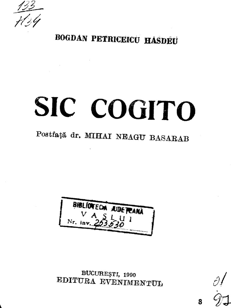 Bogdan Petriceicu Hasdeu Sic Cogito PDF | PDF