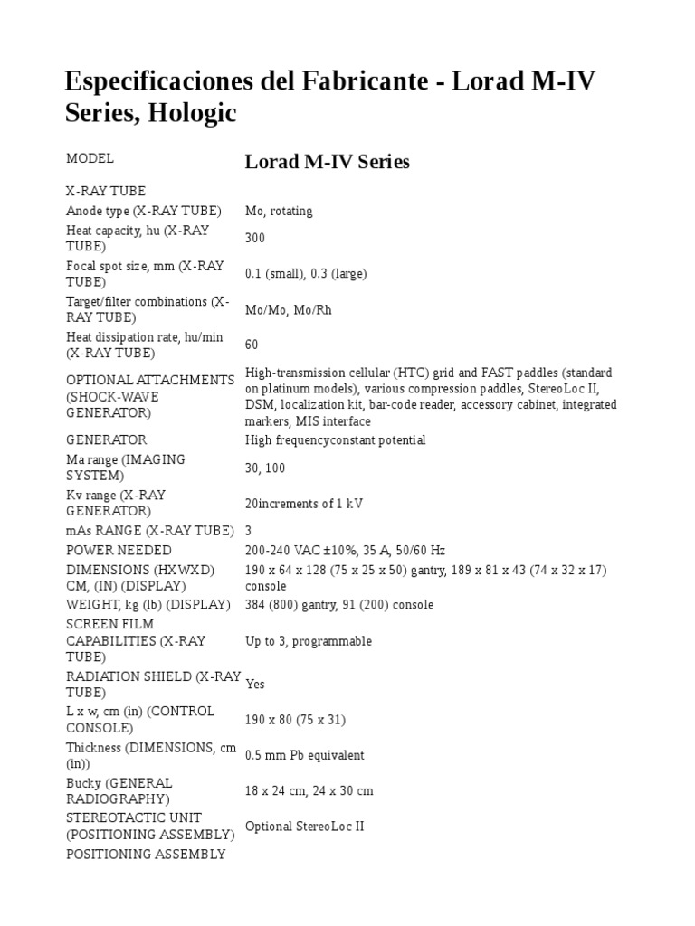 Especificaciones Lorat M-IV | PDF | X Ray | Vacuum Tube
