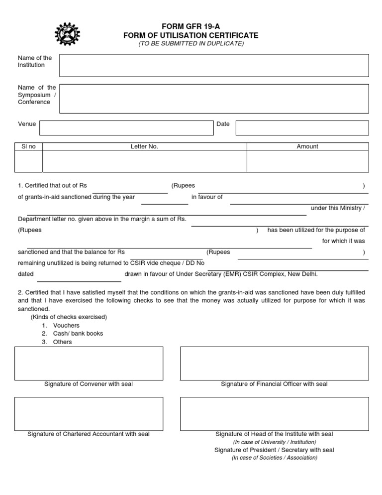 Utilization Certificate Format GFR 19-A | PDF | Cheque | Money