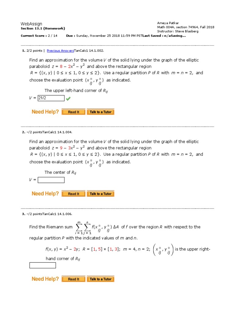 Webassign: Previous Answers | PDF | Integral | Functions And Mappings