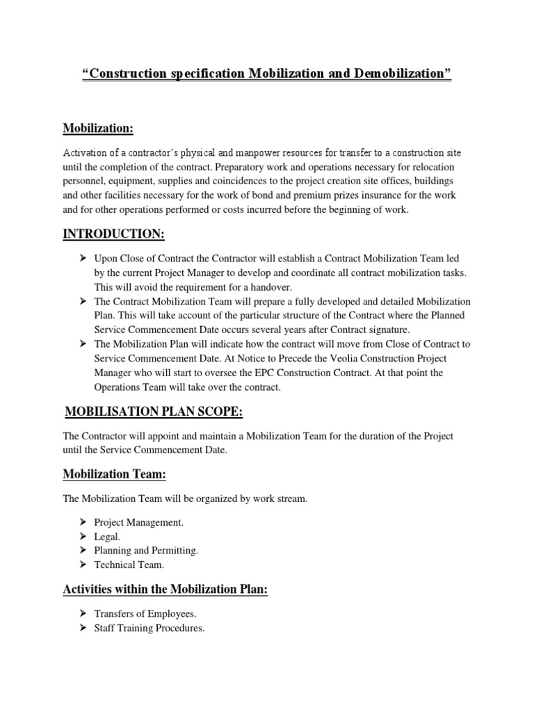 Construction Specification Mobilization and Demobilization | Prices ...