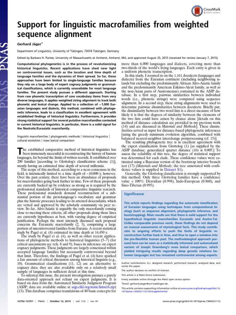 Support For Linguistic Macrofamilies From Weighted Sequence Alignment | PDF | Sequence Alignment ...
