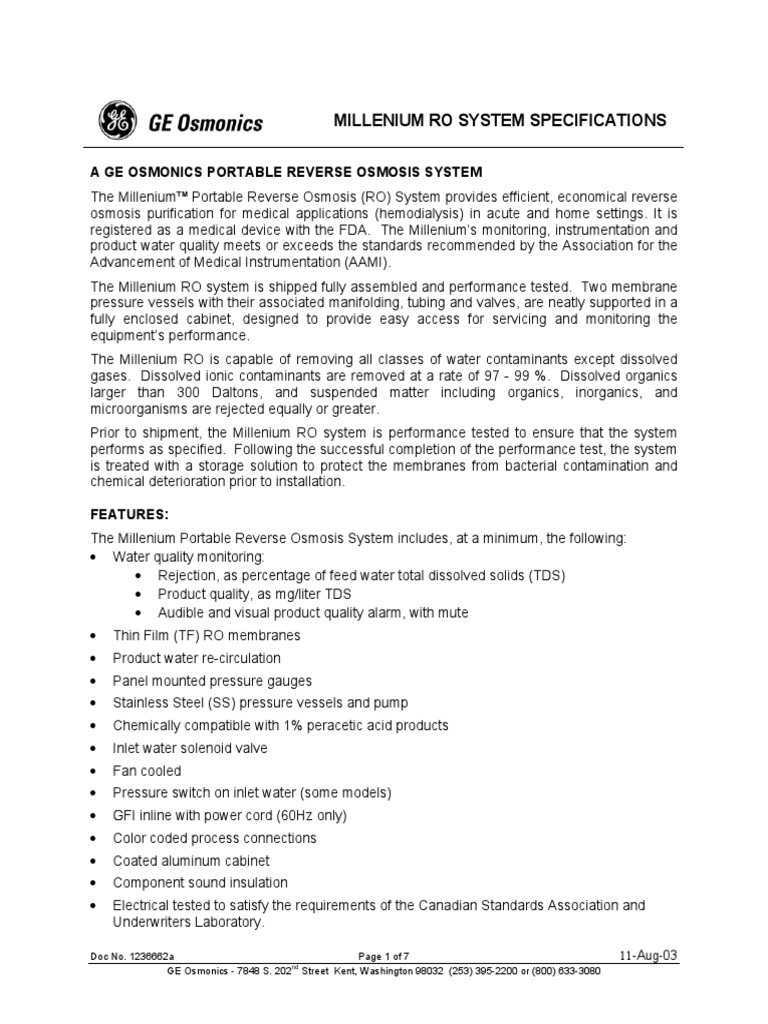 Millenium Ro System Specifications: A Ge Osmonics Portable Reverse ...