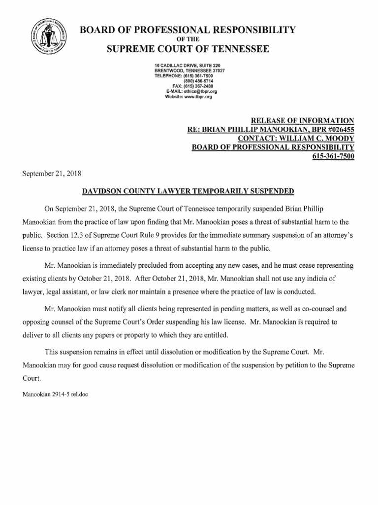 Nashville Lawyer Brian Phillip Manookian Temporarily Suspended | PDF ...