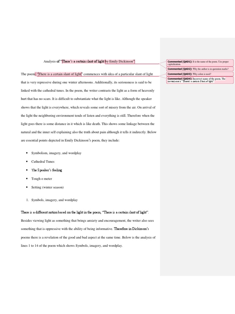 Analysis of Theres A Certain Slant of Light by Emily Dickinson | PDF ...