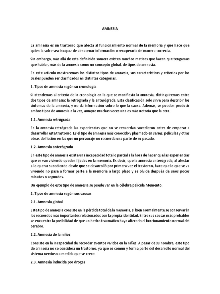 Tipos y Tratamientos de Amnesia | PDF | Amnesia | Memoria