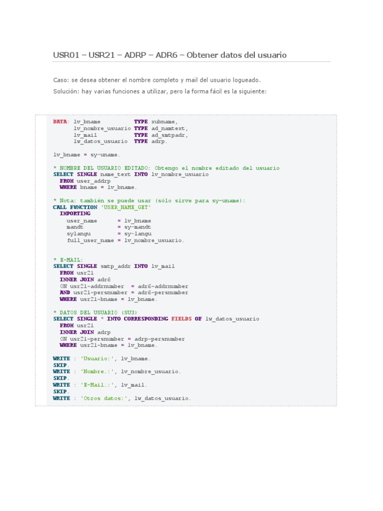 USR01 - USR21 - ADRP - ADR6 - Obtener Datos Del Usuario | PDF ...