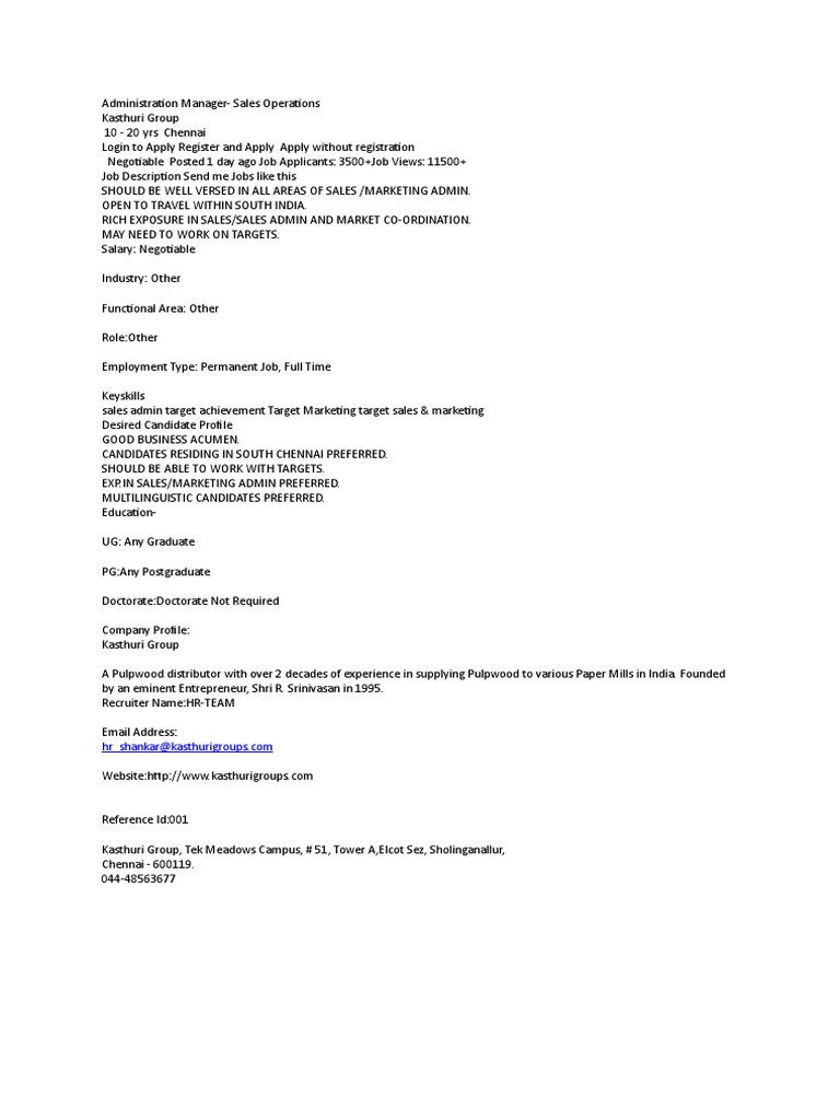 Sales Administration Manager Role at Kasthuri | PDF | Career & Growth ...